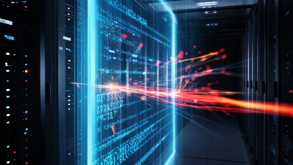 Futuristic Data Center with Glowing Blue Server Racks and Flowing ...