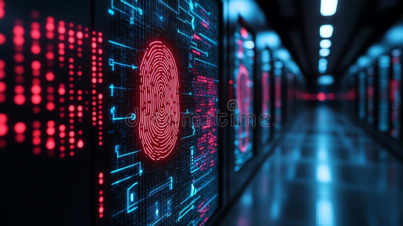 Futuristic Data Center with Glowing Circuits and Fingerprint Security ...
