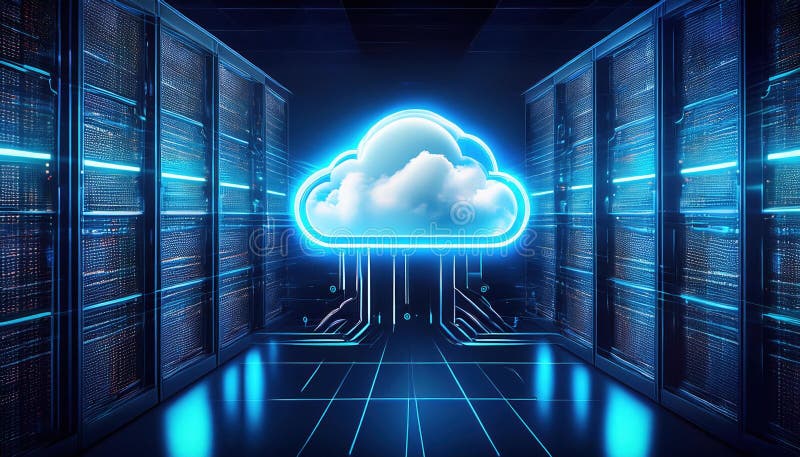 Futuristic Data Center with Glowing Cloud Graphics, Symbolizing Cloud ...