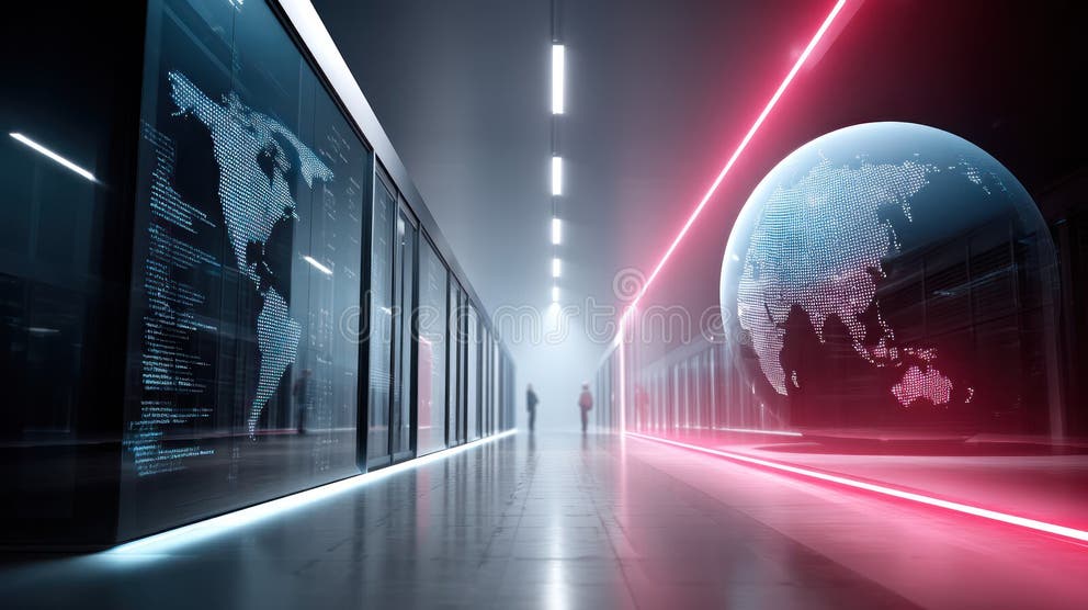 Futuristic Data Center with Glowing Digital Globe, Illuminated ...