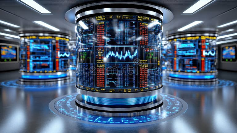 Futuristic Data Center with Glowing Digital Interfaces, Displaying ...
