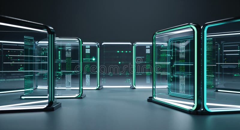 Futuristic Server Room Data Center with Glowing Green Lights and ...