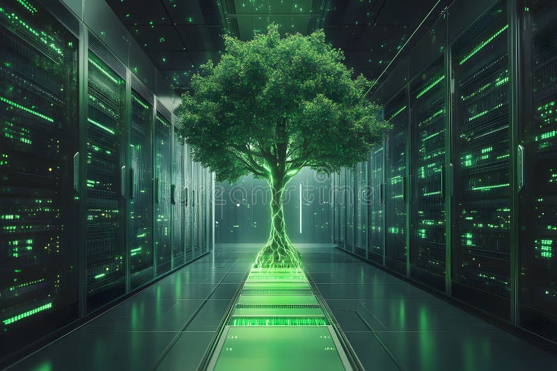Futuristic Data Center with Glowing Green Tree Signifying ...
