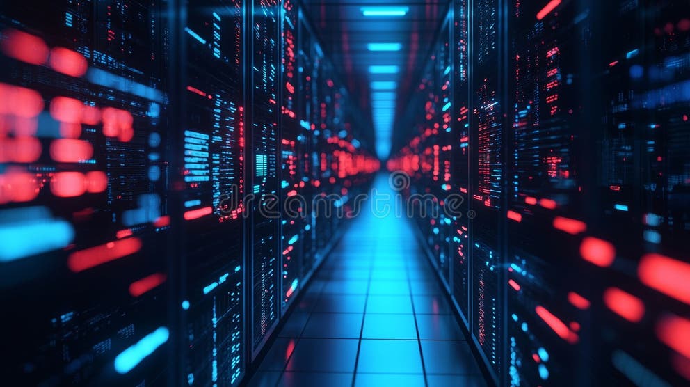 Futuristic Data Center with Glowing Lights and Endless Server Racks ...
