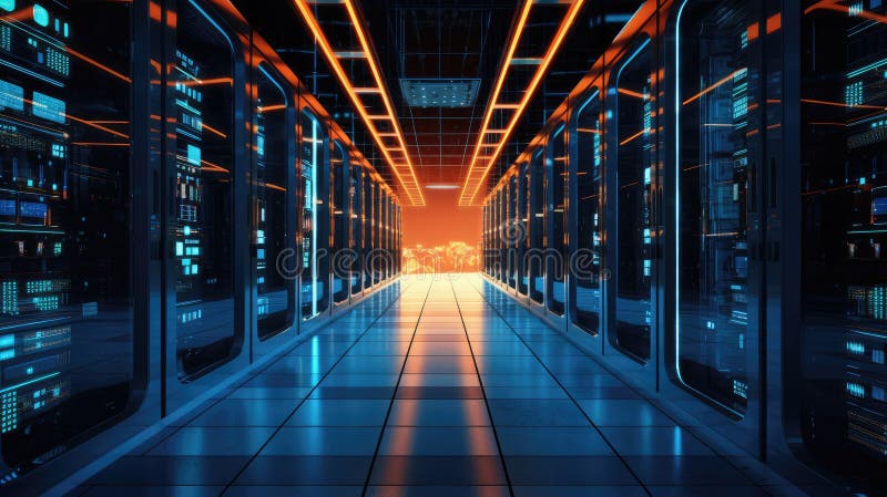 Futuristic Data Center with Glowing Lights and Server Racks at Dusk ...