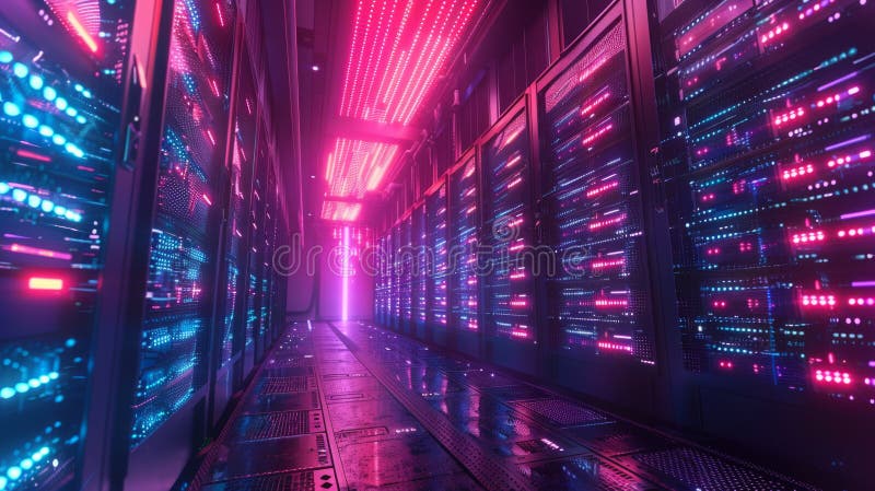 A Futuristic Data Center with Glowing Neon Lights and Rows of High-end Servers. the Corridor is ...