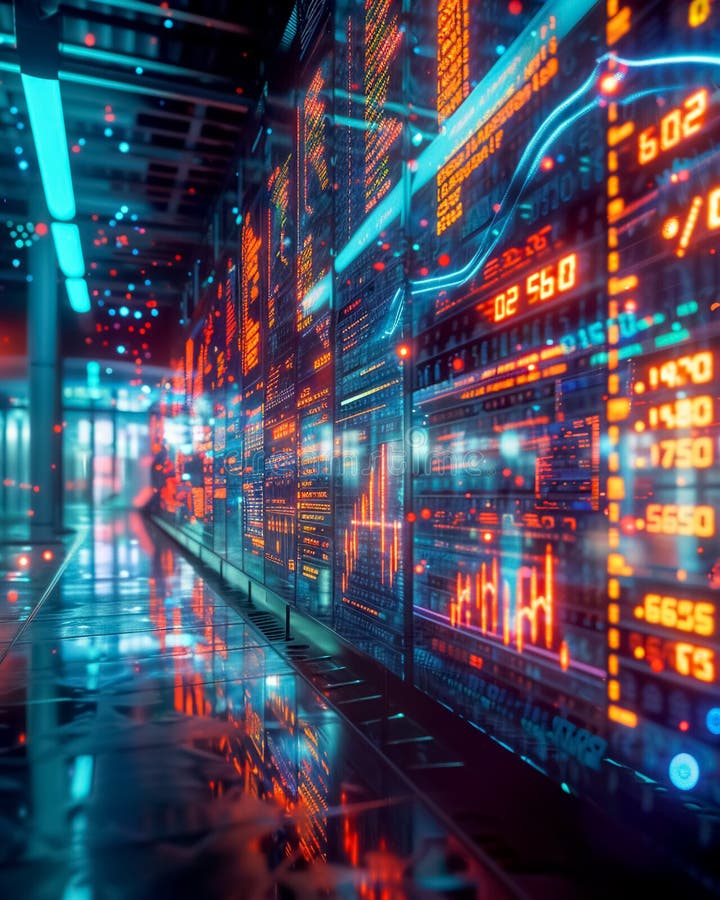 Futuristic Data Center with Glowing Screens and Digital Displays ...