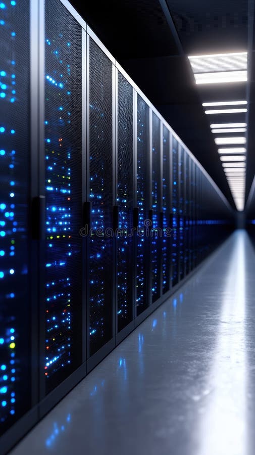 Futuristic Data Center with Glowing Server Racks Stock Illustration ...