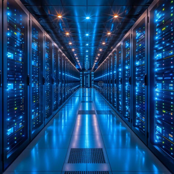 Futuristic Data Center with Glowing Server Racks and Blue Lighting ...