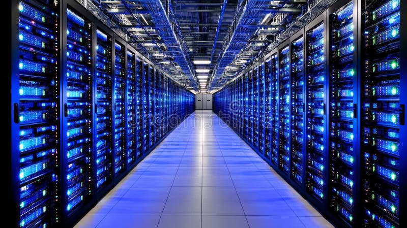 A Futuristic Data Center with Glowing Server Racks and a Modern ...
