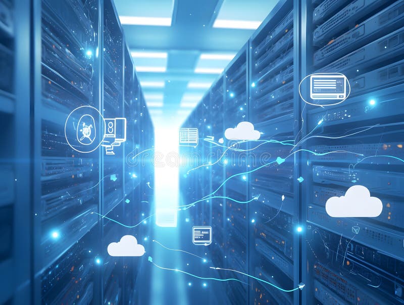 Futuristic Data Center with Glowing Servers and Cloud Computing Symbols Representing Advanced ...
