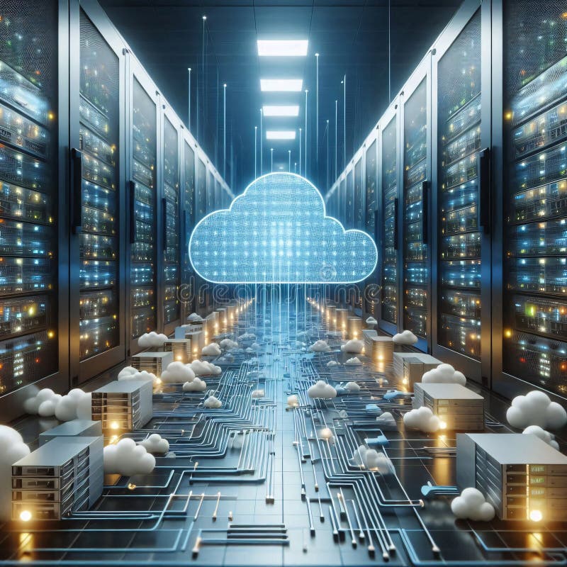 A Futuristic Data Center with Glowing Servers and a Cloud Icon ...