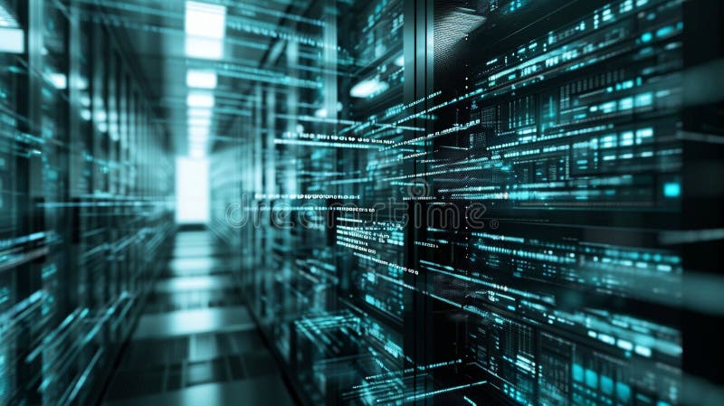 Futuristic Data Center Corridor with Glowing Blue and Red Lights. Stock ...