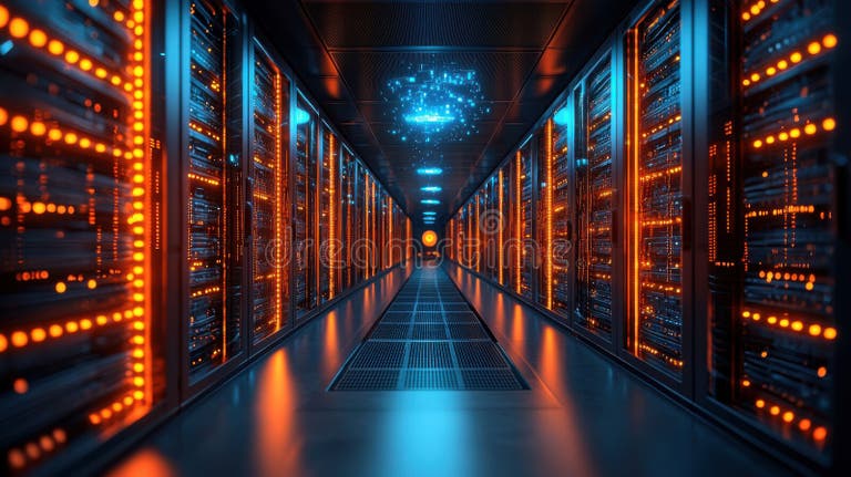 Futuristic Data Center with Glowing Servers and Holographic Visuals ...