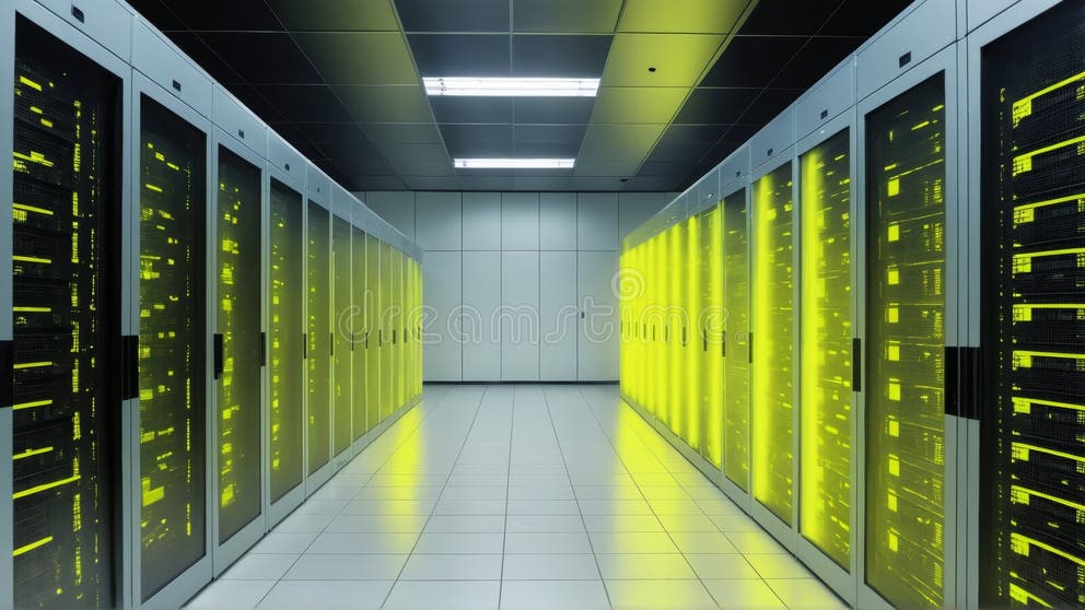 Futuristic Data Center with Glowing Yellow Servers Stock Image - Image ...