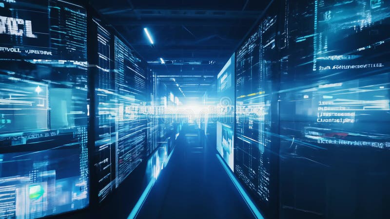 A Futuristic Data Center Glows with Blue Light As Multiple Screens ...