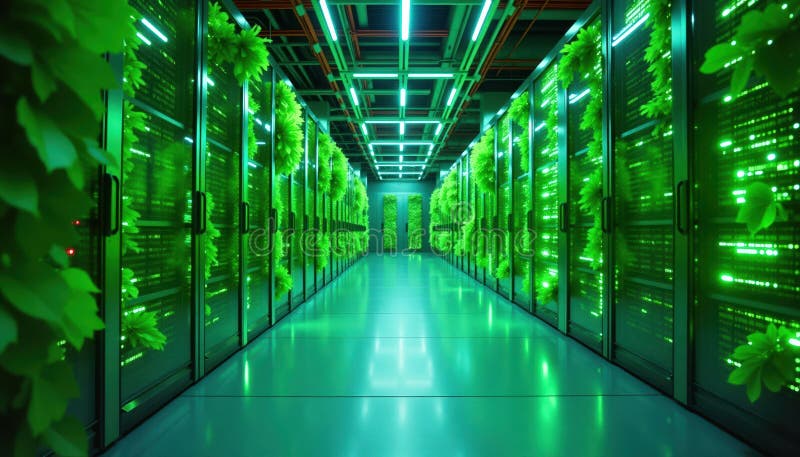 Futuristic Data Center with Green Server Racks and Plants, Server Room ...