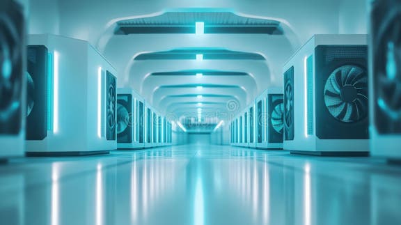 Futuristic Data Center Hall with Rows of Illuminated Servers and ...