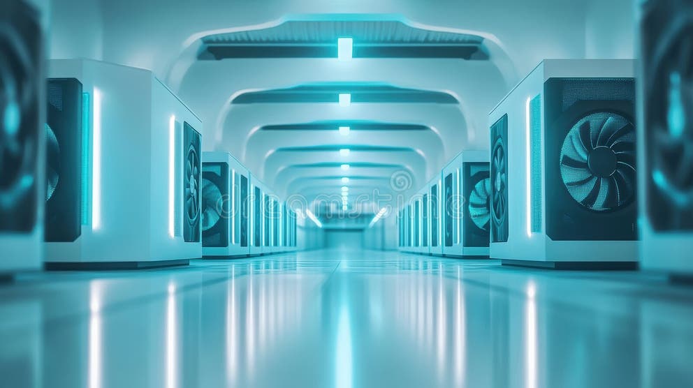 Futuristic Data Center Hall with Rows of Illuminated Servers and ...