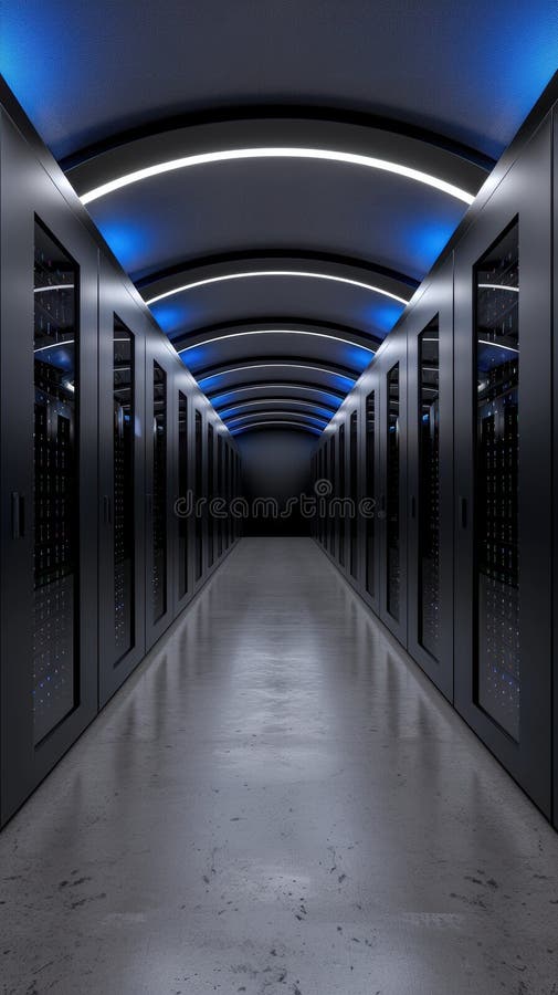 Futuristic Data Center Hallway with Arched Lighting Stock Illustration ...