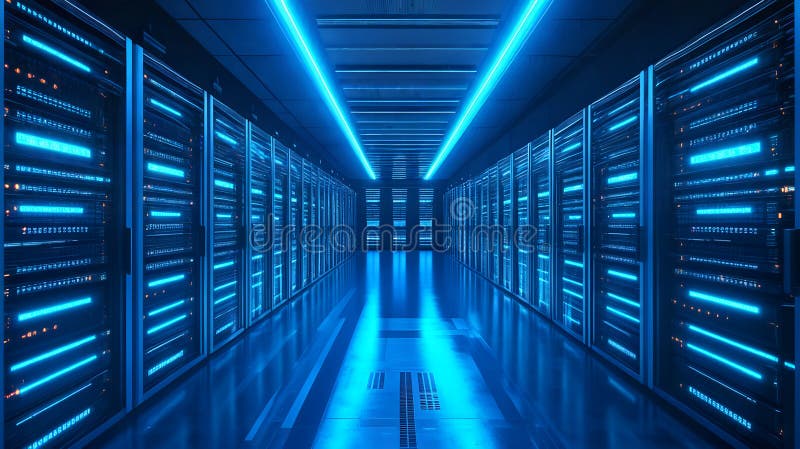 Futuristic Data Center Hallway with Blue Led Lighting and Endless ...