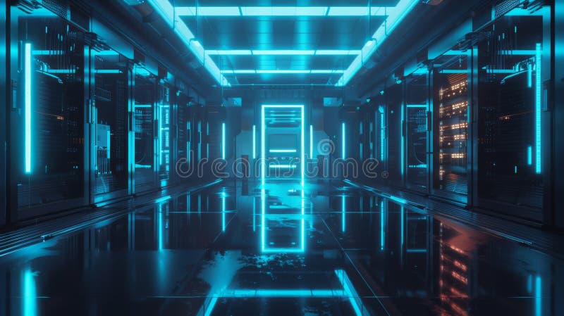 Futuristic Data Center Hallway with Blue Neon Lights, Generative AI ...