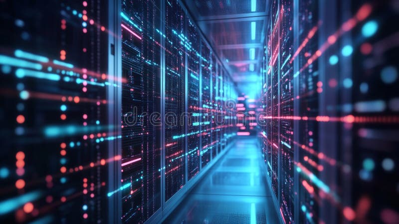 Futuristic Data Center Hallway with Glowing Blue and Pink Lights Stock ...