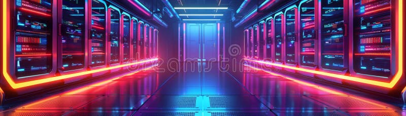 Futuristic Data Center Hallway with Glowing Server Racks, Neon Lights ...