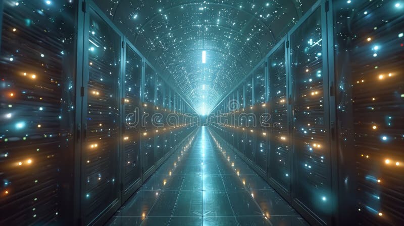 Futuristic Data Center Hallway with Glowing Servers Illuminated by ...