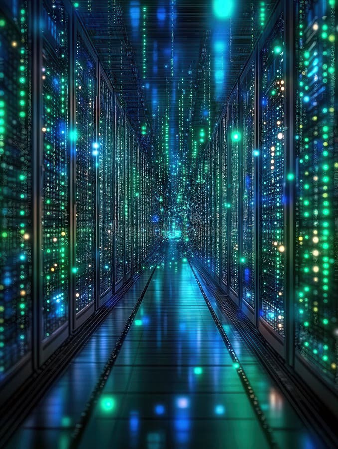 Futuristic Data Center Hallway with Green and Blue Digital Lights Stock ...