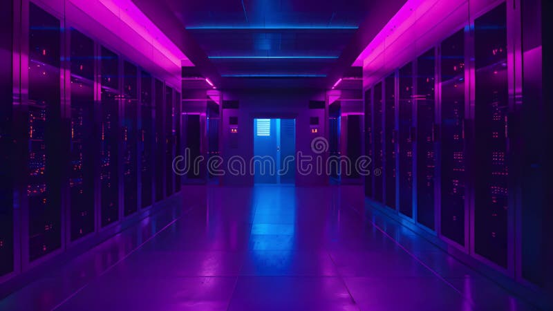 Futuristic Data Center Hallway Illuminated by Neon Lights at Night ...