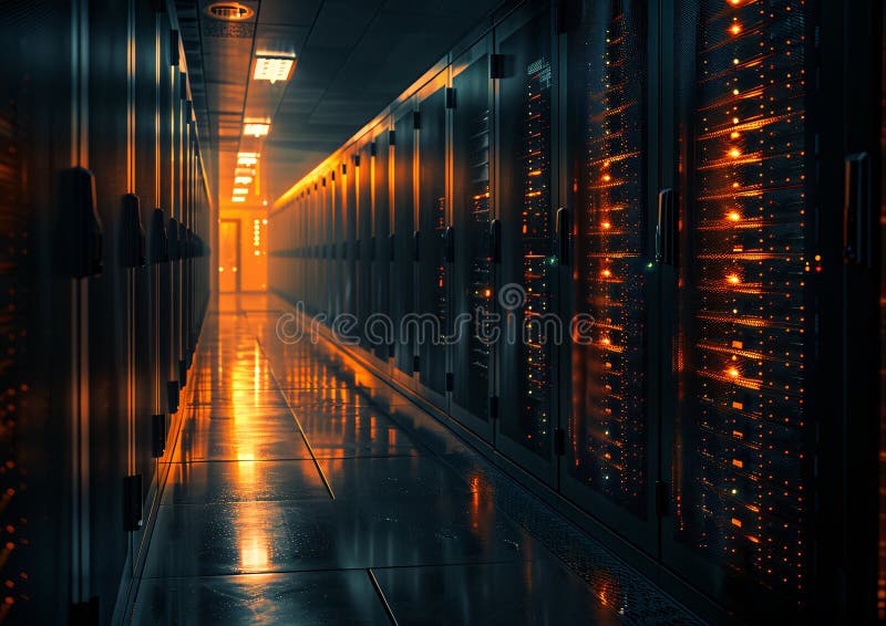 Futuristic Data Center Hallway Illuminated by Orange and Blue Lights ...