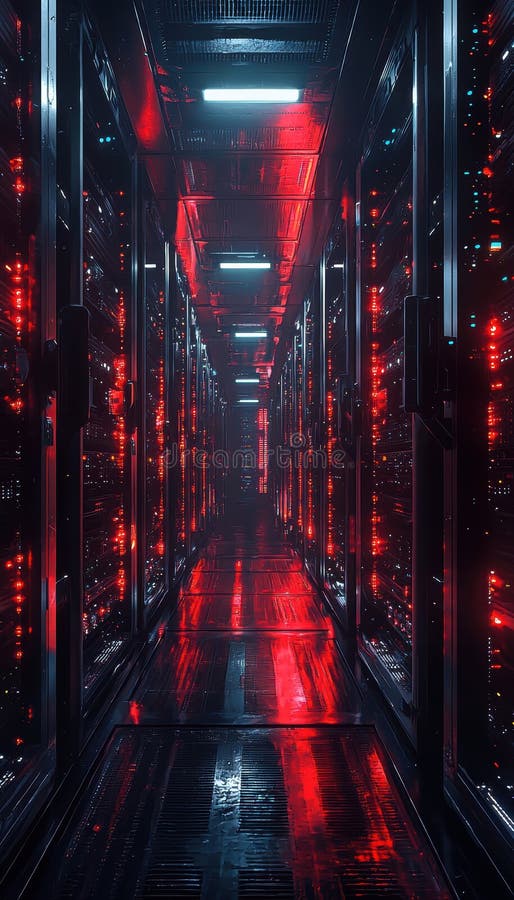 Vast Data Center Hallway Illuminated by Glowing Servers in a Futuristic ...