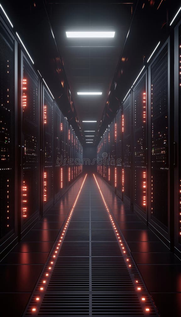 Futuristic Data Center Hallway with Illuminated Server Racks Stretching into Infinity Stock ...