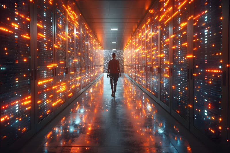 Futuristic Data Center Hallway with Illuminated Servers and Lone Figure ...