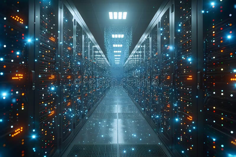 Futuristic Data Center Hallway with Sparkling Digital Lights for ...