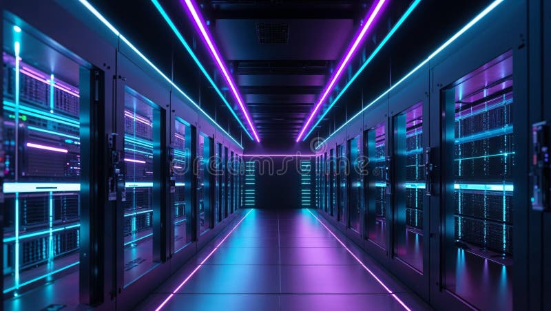 Futuristic Data Center Illuminated by Neon Lights Stock Image - Image ...