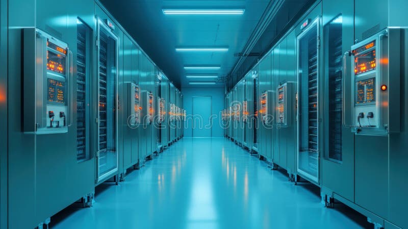 Futuristic Data Center with Illuminated Server Racks, Showcasing ...