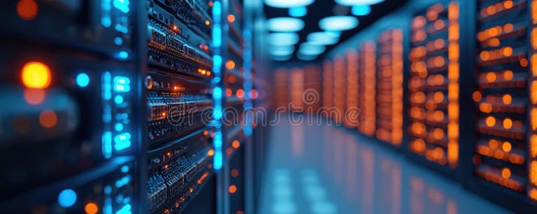 Futuristic Data Center with Illuminated Servers. Digital Connections, Information Storage, High ...