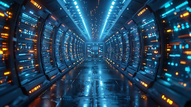 Futuristic Data Center with Illuminated Servers in a High-tech Corridor ...
