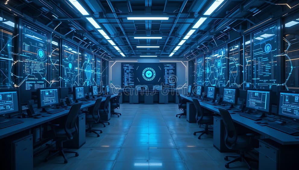 Futuristic Data Center Interior with Blue Glowing Screens and Computers Stock Illustration ...
