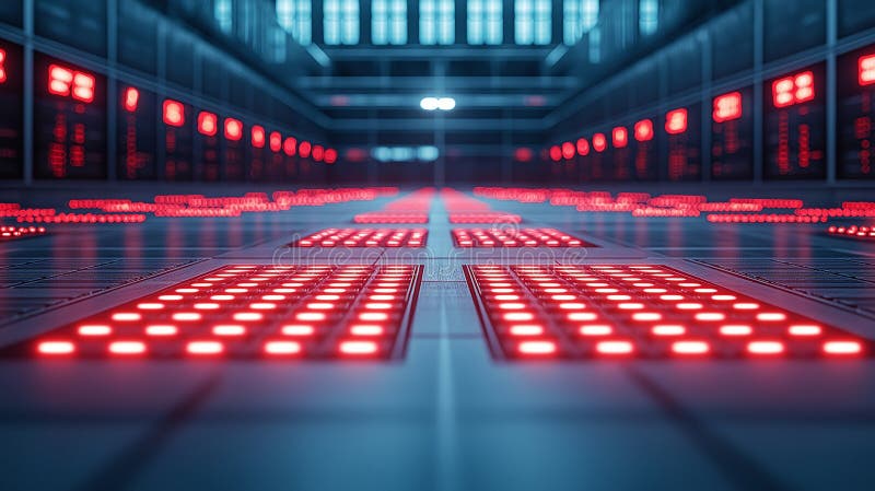 Futuristic Data Center Interior Featuring Glowing Red Lights and Modern ...