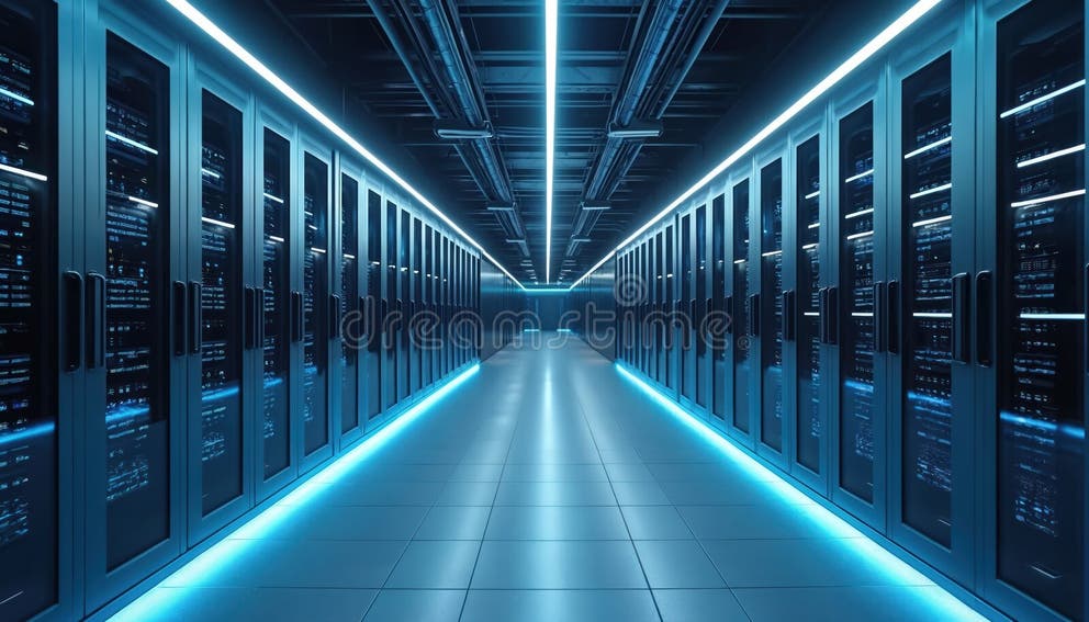 Futuristic Data Center Interior Hall. Server Racks, Glass Doors, Neon ...