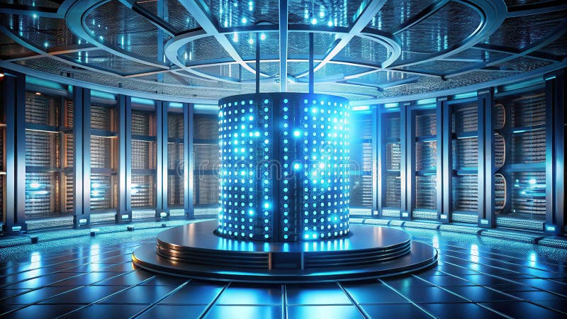 Futuristic Data Center Interior with Illuminated Central Core and Sleek ...