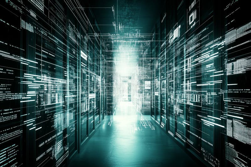 Futuristic Data Center Interior with Neon Lines and Graphic Vector ...