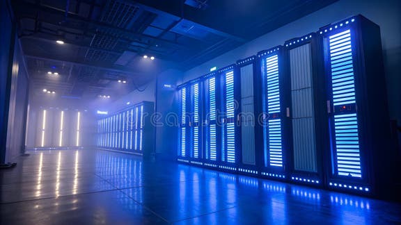 Futuristic Data Center Interior with Server Racks and Blue LED Lighting ...