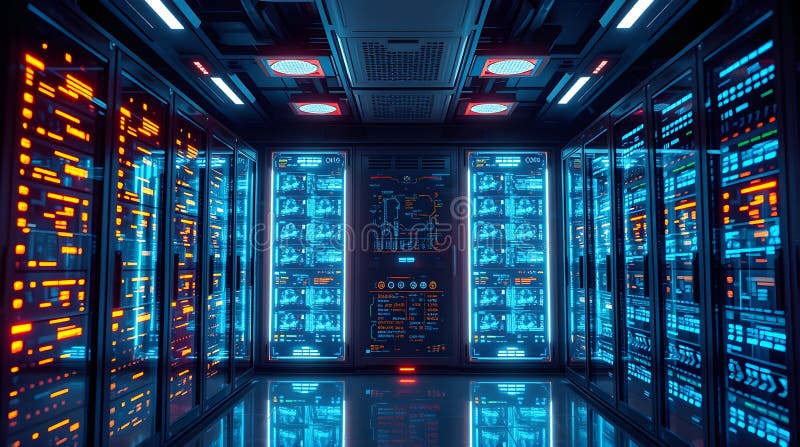 Futuristic Data Center Interior, Showcasing a Server Room with Digital Displays and Glowing ...
