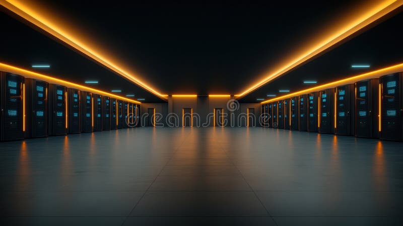 A Futuristic Data Center with a Long Corridor and Rows of Servers ...