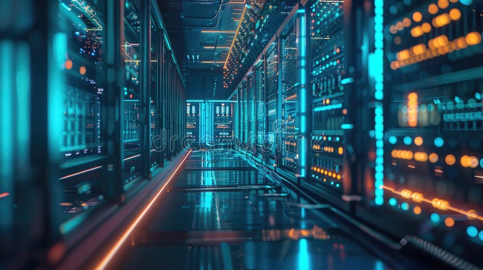 Futuristic Data Center, Modern Computer Servers in Dark Room with Led ...