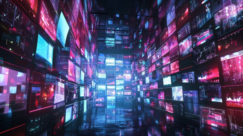 A Futuristic Data Center with Multiple Screens Displaying Information ...